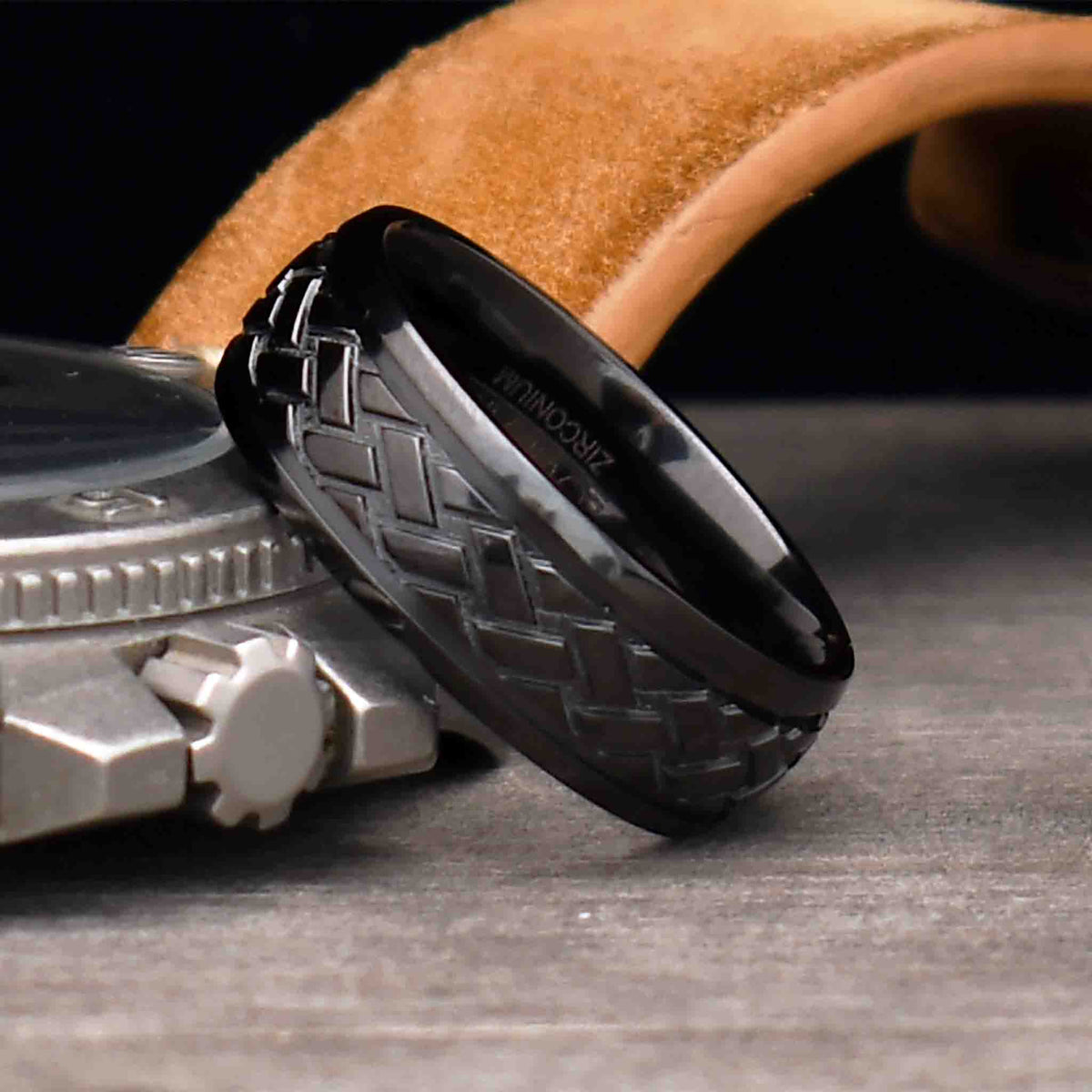 ORIS Mens Ring Tire-Pattern Wedding Band Black Zirconium